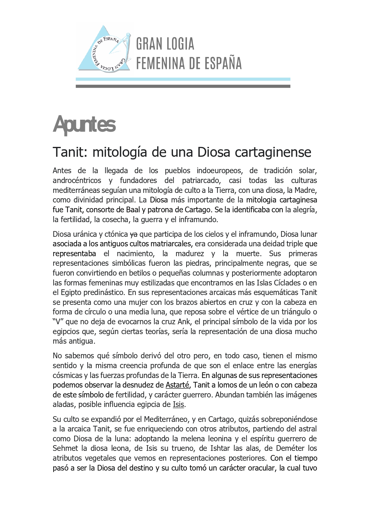 Tanit: Mitología de una Diosa cartaginense - Gran Logia Femenina de España